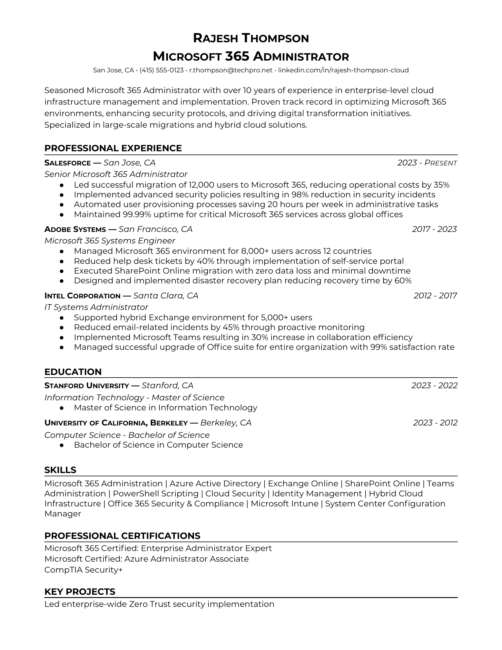 Microsoft 365 Administrator in Technology Resume Examples & Tips for 2025 | Careerday